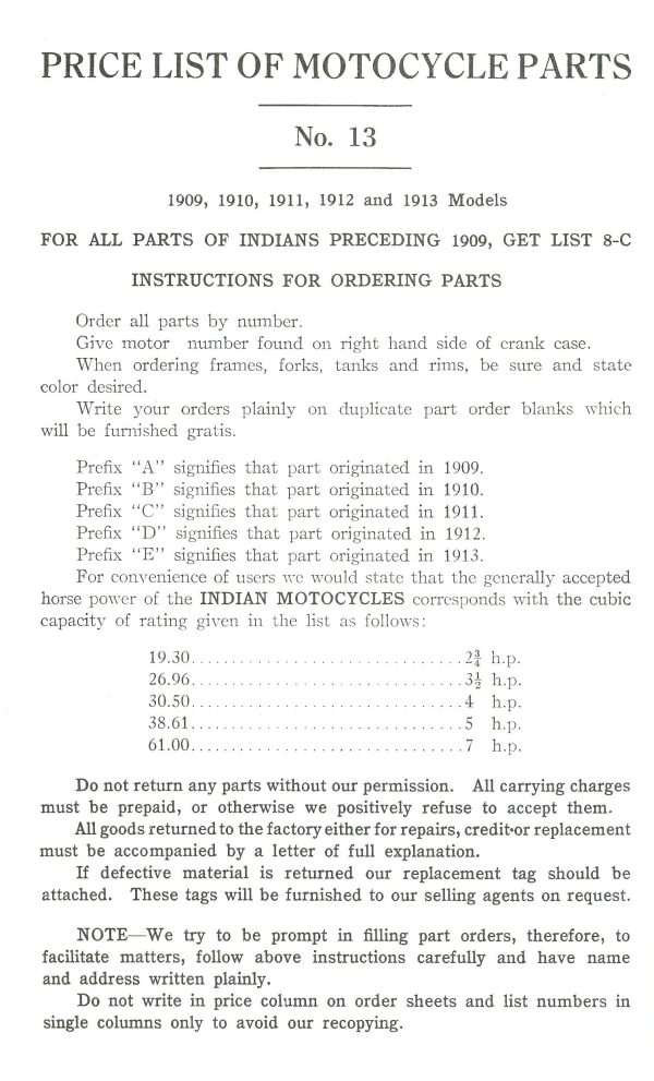 1909-1913 Indian Parts Book